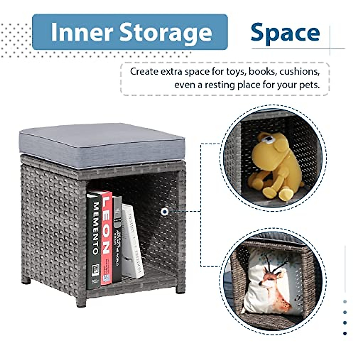 JOIVI 2 Pieces Outdoor Patio Ottoman, All Weather Rattan Wicker Ottoman Set, Outdoor Footstool Footrest Seat with Removable Cushions Storage Space, Grey