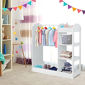 Costzon Kids Dress up Storage with Mirror, Clothes Rack, 3-Tier Shelves, Bottom Tray, Pretend Play Costume Dresser Organizer Center, Open Hanging Armoire Closet for Little Girls (White)