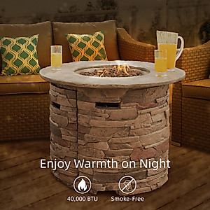 SUNBURY Outdoor Fire Pit Propane Round Fire Pit Table Fire Column, Stonecrest 40,000 BTU Gas Fire Pits for Outside w Lava Rocks, Waterproof Cover