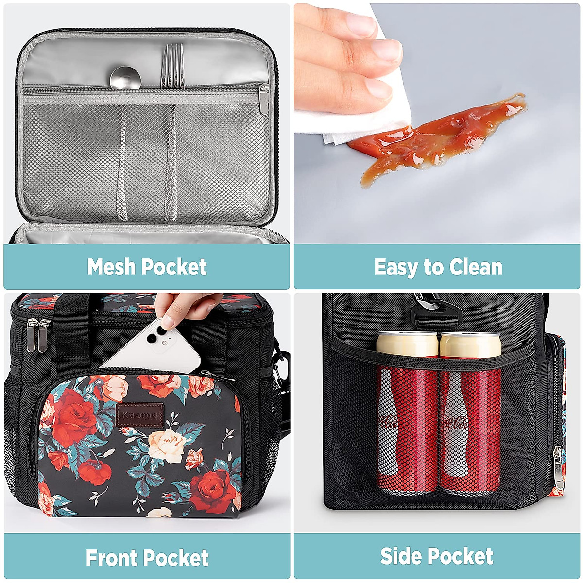 Kaome Large Lunch Bags for Women/Men 15L (24-Can), Insulated Lunch Box 100% Leakproof Cooler Bag for Office Work School Picnic Beach, with Adjustable Shoulder Strap-Floral