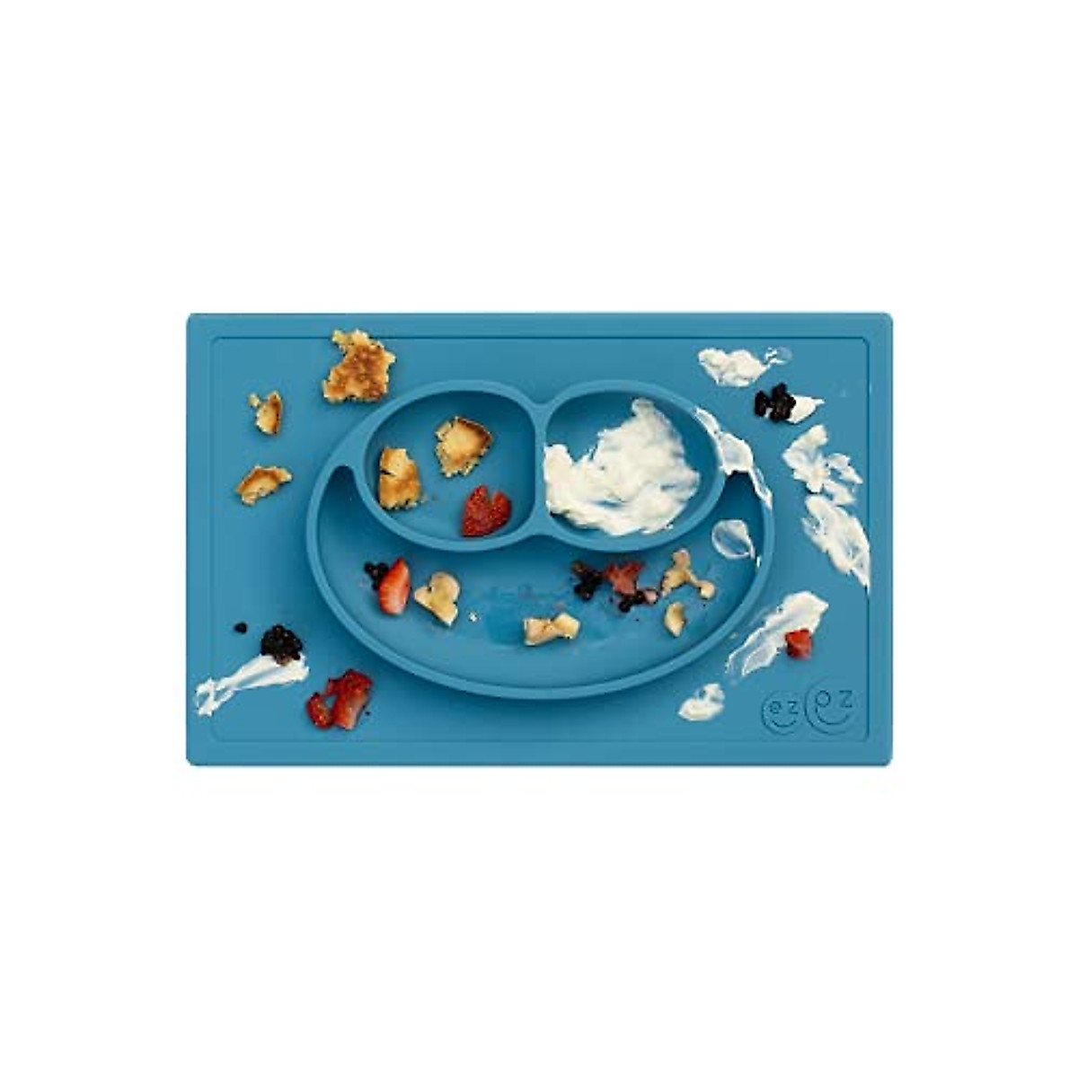 ezpz Happy Mat (Blue) New Version - 100% Silicone Suction Plate with Built-in Placemat for Toddlers + Preschoolers - Divided Plate - Dishwasher Safe