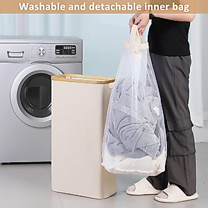 iEGrow Slim Laundry Hamper, Narrow Laundry Basket with Lid,Foldable Clothes Hamper with Bamboo Handles,Hamper Basket with Removable Inner Bag for Laundry Room Bedroom College Dorm,60L Beige