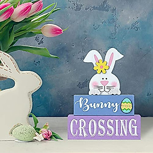 Easter Decorations for the Home, hogardeck Rustic Bunny Crossing Wood Sign 3-layer Wooden Egg Block Signs Table Centerpiece Farmhouse Easter Bunny Decor for Mantle Tabletop Tiered Tray Party