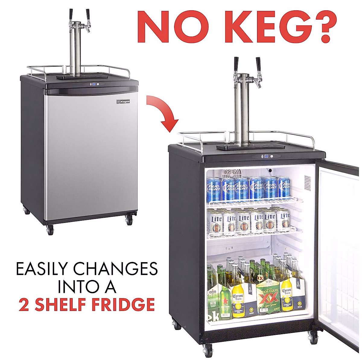Kegco Keg Dispenser, Two Faucet, Stainless Steel
