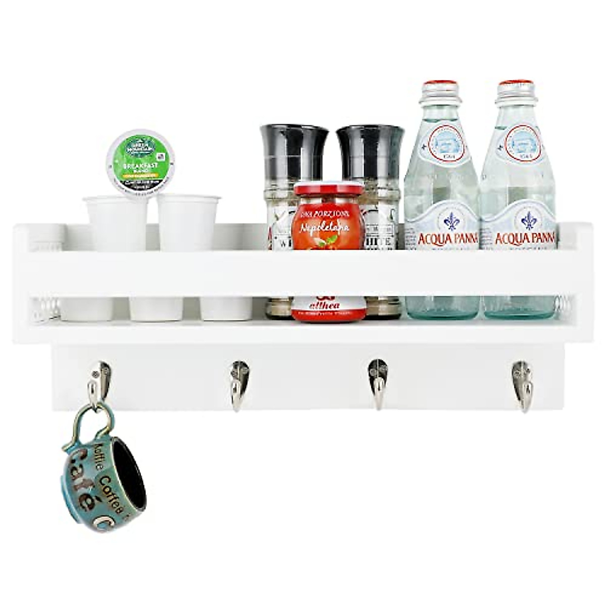 Satauko Coat Hooks Wall Mounted with Shelf, Entryway Hanging Shelf with 4 Metal Hooks, Wooden Floating Shelves for Kitchen Spice Rack Storage, White Wall Shelves Organizer for Bathroom, Bedroom.