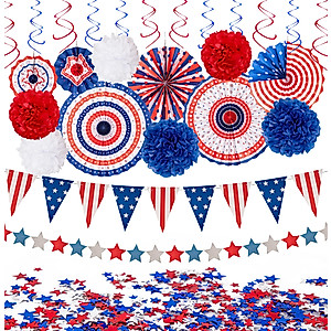 29PCS 4th/Fourth of July Patriotic Decorations Set - Red White Blue Paper Fans,USA Flag Pennant,Star Streamer,Pom Poms,Hanging Swirls Party Decor Supplies