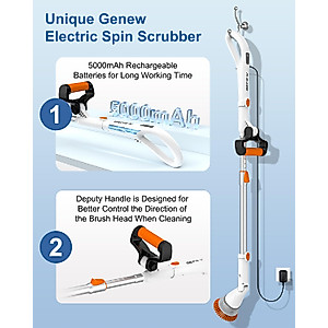Genew Electric Spin Scrubber: Cordless Cleaning Brush with 6 Replaceable Head & Adjustable Extension Handle Power Shower Scrubber for Bathroom Floor Tile Tub - Add Adjustable Grip (White)