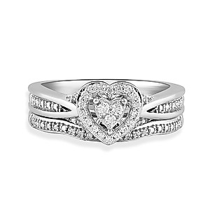 Jewelili Sterling Silver 1/5 Cttw Natural White Round Diamond Heart Bridal Set Engagement Ring, Size 7