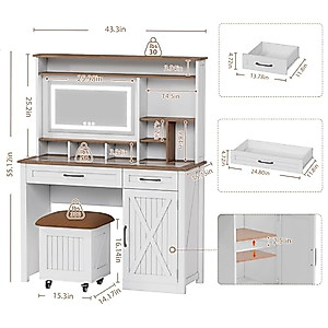 Farmhouse Makeup Vanity Desk with Mirror and Lights, 43" Glass Tabletop Vanity Table with 360° Rolling Stool with Storage, Big Vanity Set for Bedroom, 3 Lighting Modes, 2 Drawers, 1 Cabinet, White