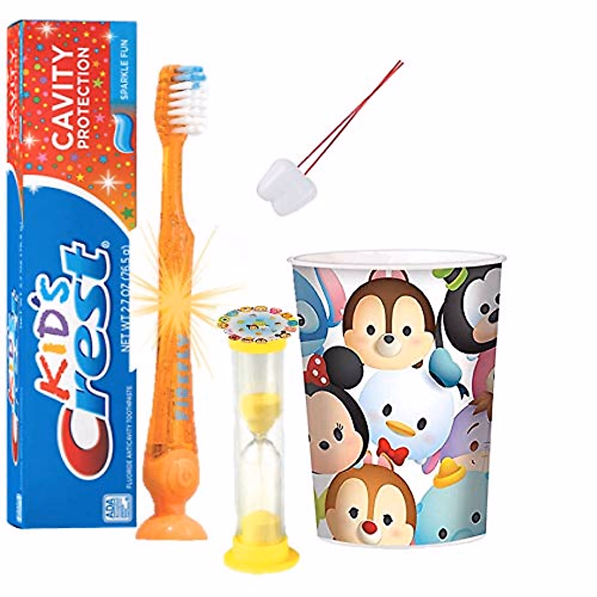 Oral Care Set, PGK CREST, FIREFLY, SMILECARE Tsum Tsum Indpired 4pcs Bright Smile Hygiene Bundle Include Flashing Lights Toothbrush, Toothpaste, Brushing Timer Rinse Cup! Plus &Tooth Necklace