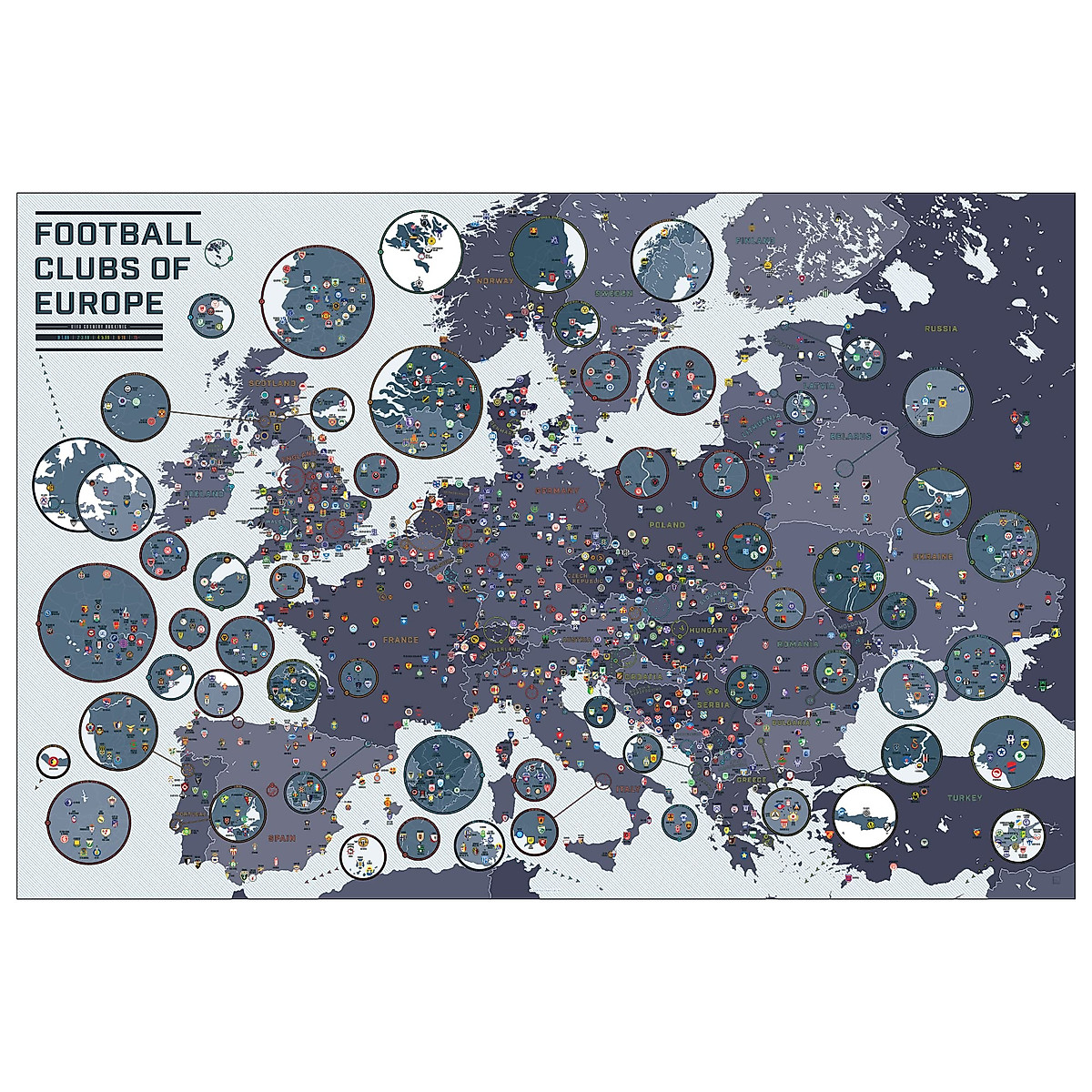 Pop Chart | Football Clubs of Europe | 36" x 24" Large Wall Art | Soccer Poster Featuring Over 1000 Clubs on a Massive Map | Sports Wall Decor for Living Room, Bedroom, and Man Cave