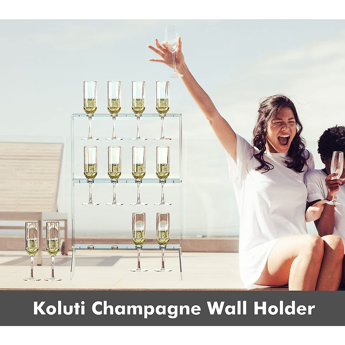 KOLUTI 3-Tier Champagne Wall Holder Stand for Party, Solid Acrylic Wine Glass Rack Floor Standing, 12 Glassware Wall-Mount Stemware Hanging, Drink Tower Shelf for Wedding Birthday Christmas Décor…