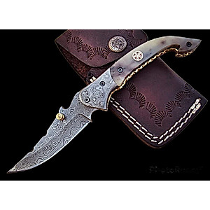 Limited Edition - FNA-32 Custom Handmade Damascus Steel Folding Knife - Beautiful Camel Bone Handle with Damascus Steel Bolsters