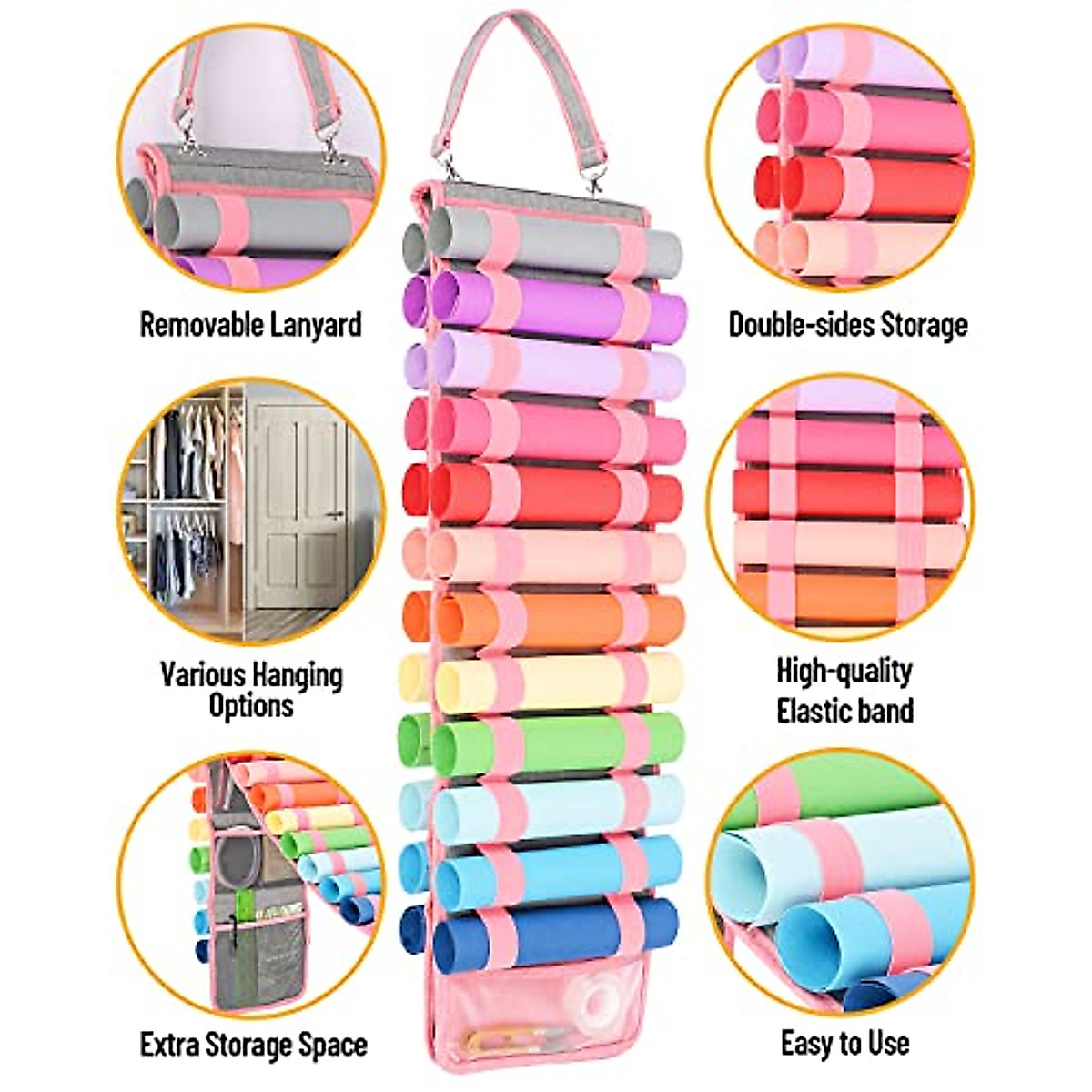 FINESUN Vinyl Roll Holder, Criсut Accessories, Vinyl Storage with Visible Pocket, Vinyl Holder with 24 Elastic Compartments, Vinyl Organizer for Cricut Tools, Gift Wrap Organizer, Pink& Grey (Pink)