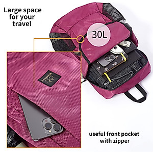 RiccZeuu Packable Backpack Hiking Daypack for Travel Camping Outdoor,Water Resistant Lightweight,30L,purple