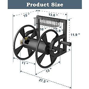 Artigarden Outdoor Garden Hose Reel Wall Mount, Heavy-Duty Water Hose Holder Winder with 3.9 ft Leader Hose, Brass Fitting and Storage Basket for Yard, Holds 125 Feet of 5/8-Inch Hose, Black