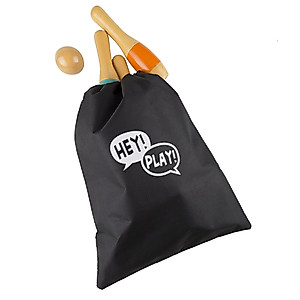 Lawn Bowling Game/Skittle Ball- Indoor and Outdoor Fun for Toddlers, Kids, Adults –10 Wooden Pins, 2 Balls, and Mesh Bag Set by Hey! Play! (9.5 Inch)