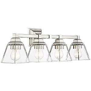 Regency Hill Mencino Mid Century Modern Wall Light Satin Nickel Silver Metal Hardwired 28" Wide 4-Light Fixture Clear Glass Cone Shade for Bathroom Vanity Mirror House Home Room Decor
