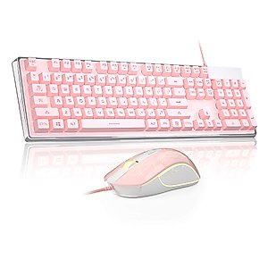 Wired Gaming Keyboard and Mouse Combo, LED Backlit Gaming Keyboard with Crystal Cover, 7 Colors LED Backlit Gaming Mouse 3200 DPI for PC Gamer Computer Desktop (Pink) (Color : Pink, Size : Pink)