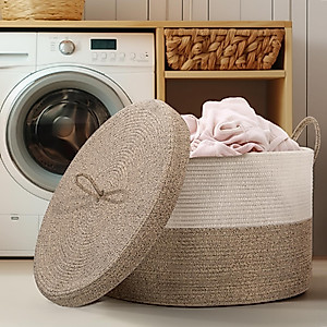 noonkty Blanket Basket, 21.7"X21.7"X13.8" Cotton Rope Basket, XXL Large Basket with Handle, Blanket Basket Living Room, Stuffed Toy Basket, Laundry Basket, Storage for Towels Pillow, Brown (with Lid)