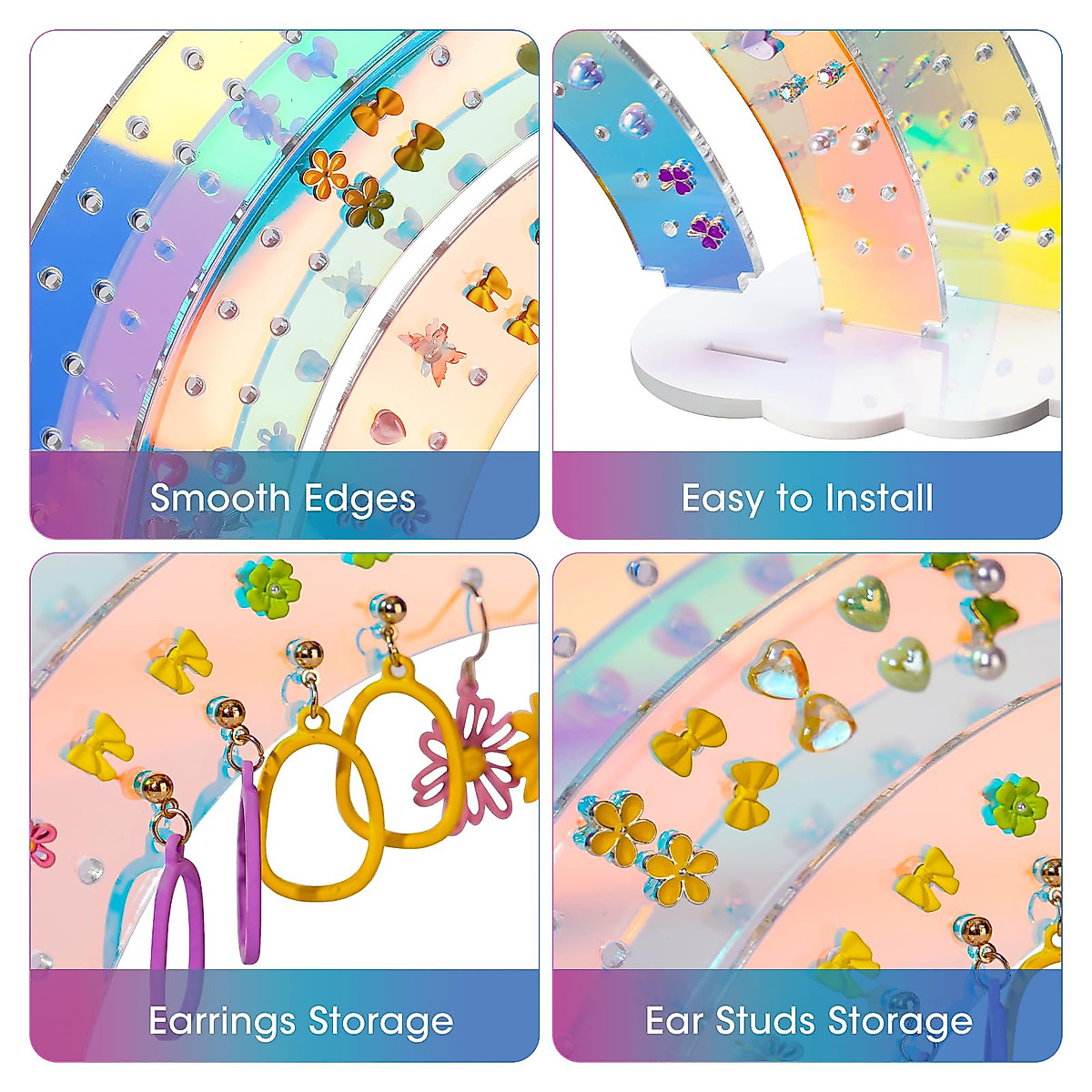 NiHome 3-Tier Iridescent Acrylic Rainbow Earring Organizer, Lightweight & Durable Design 140 Holes for 70 Pairs, Unique Front Row for Special Earrings, 11.8" W x 6.25" H
