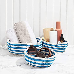 Round Woven Storage Baskets, Blue and White Stripes (3 Sizes, 3 Pack)