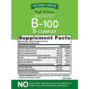 Vitamin B Complex | 60 Capsules | High Potency B-100 | Non-GMO & Gluten Free Supplement | by Nature's Truth