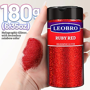 LEOBRO Red Glitter, Glitter, 180g/6.35oz Holographic Ultra Fine Glitter, 1/128" Resin Glitter Powder, Metallic Iridescent Glitter for Resin Tumblers Hair Body, Christmas Glitter for Crafts