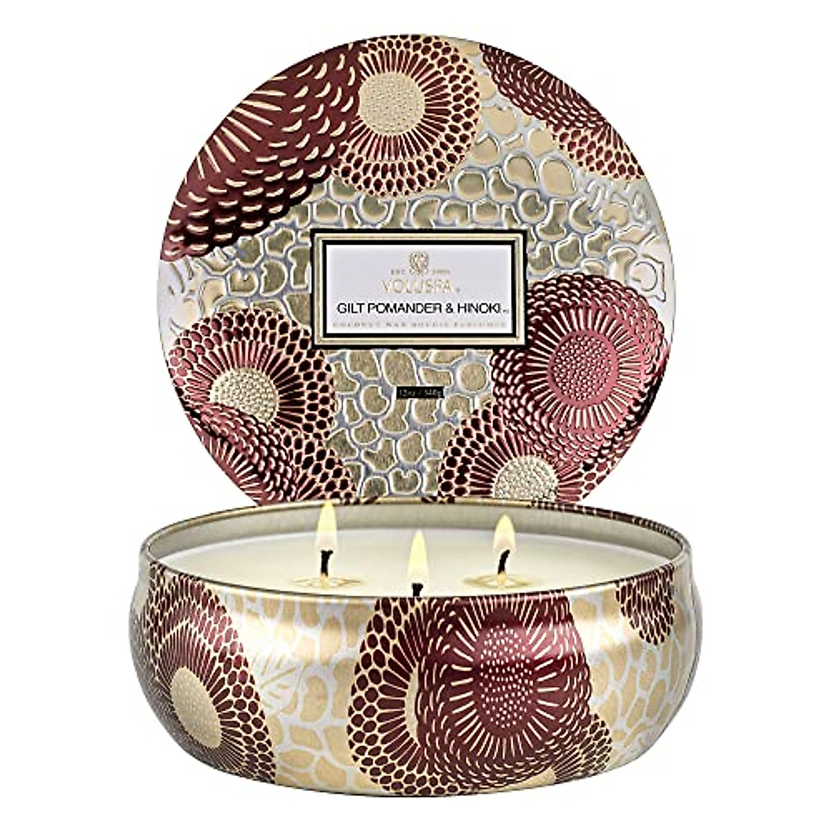 Voluspa Gilt Pomander & Hinoki Candle | 3 Wick Tin | 12 Oz. | 40 Hr. Burn Time | All Natural Wicks and Coconut Wax for Clean Burning | Vegan