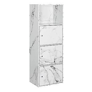 Convenience Concepts Northfield Hall Console Desk Table, White Faux Marble & Xtra Storage 3 Door Cabinet with Shelf, White Faux Marble