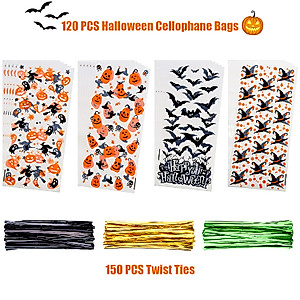 STEFORD Halloween Cellophane Bags,120PCS Halloween Clear Cellophane Candy Gift Treat Bags for Halloween Party Favors Supplies