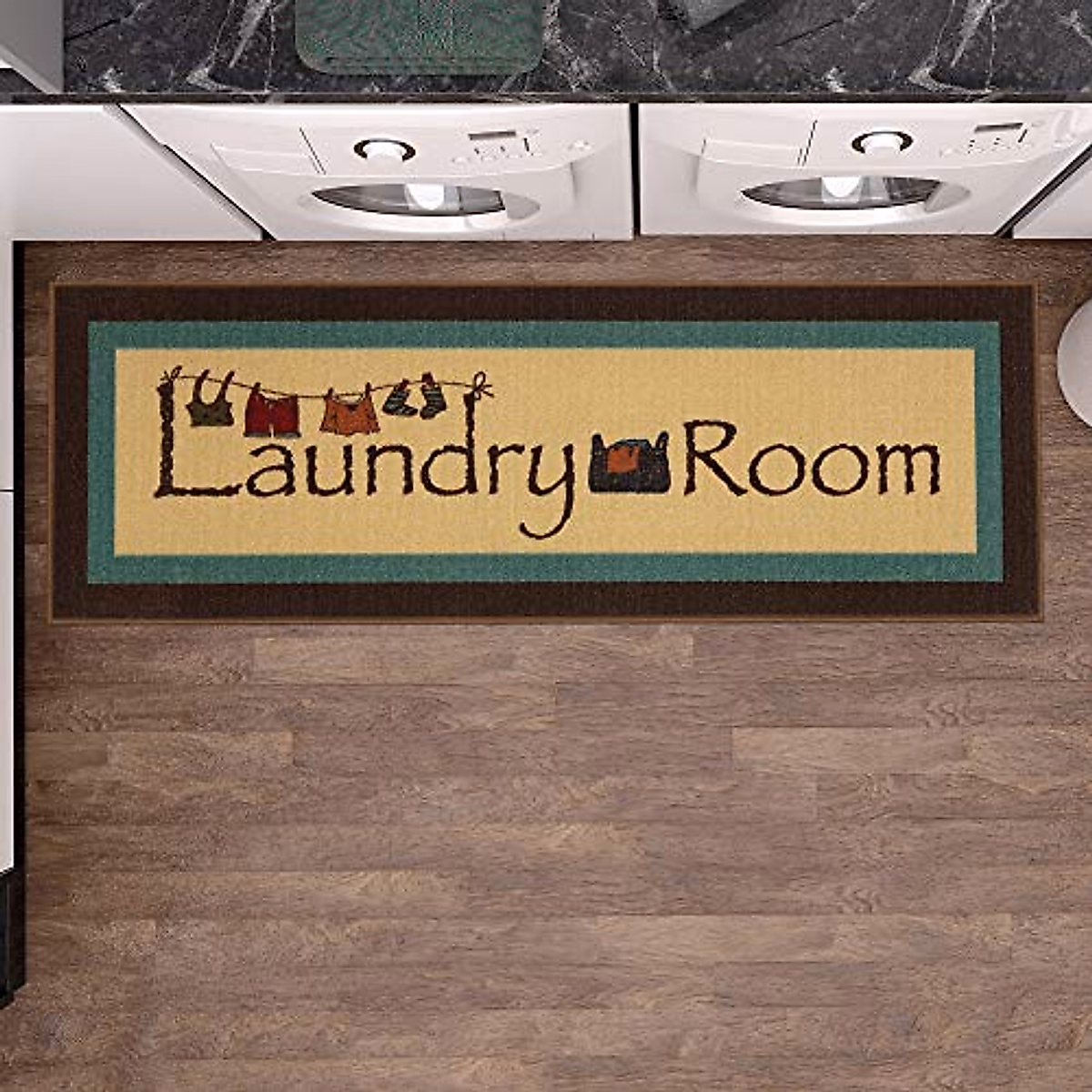 Machine Washable Bordered Laundry Room Rug Non-Slip Rubberback 2x5 Laundry Runner Rug for Laundry Room, Bathroom, Washroom, 20" x 59", Beige Laundry