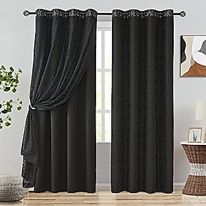 Jubilantex Full Blackout Curtains + Leaf Sheer Window Panels, Mix and Match Style Double Layer Window Treatment Sets for Bedroom Living Room, 4 Panels 52" W x 84" L, Black and Black
