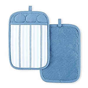 Martha Stewart Daisy Stripe Pot Holder Set 2-Pack, Blue, 7"x10"
