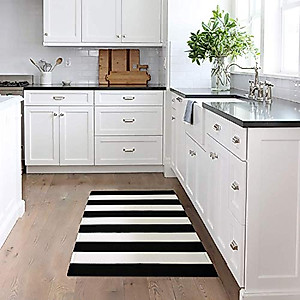 KOZYFLY Black and White Striped Rug 27.5x43 Inches Indoor Outdoor Rugs Hand Woven Cotton Washable Striped Layered Doormats for Front Door/Kitchen/Farmhouse/Entryway/Patio