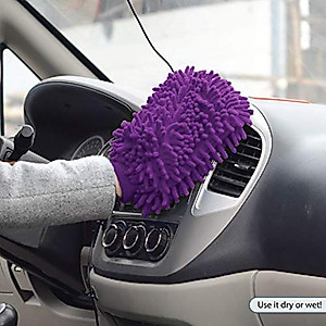 2 Pack. Premium car wash Microfiber Chenille mitt. Super auto Absorbent. Ultrafine Sponge Fiber Glove. Professional Cleaning at Home, Kitchen, Hand car Washing Care. Soap Chemical Resistant. (Purple)