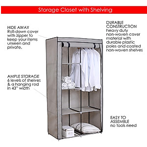 Sunbeam 6 Tier Quick Set Up Portable Free-Standing Multi- Purpose Wardrobe Closet Organizer with Breathable Non-Woven Fabric Shelves and 43" Wide Steel Hanging Rod, Grey