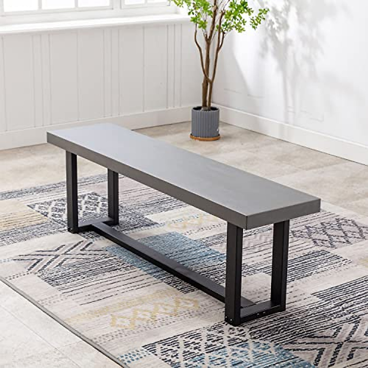 Farmhouse Wooden Bench, 60 inch Wooden Dining for Dining Room Kitchen Entryway, Indoor Outdoor Industrial Kitchen Table Bench Seating with Metal Frame