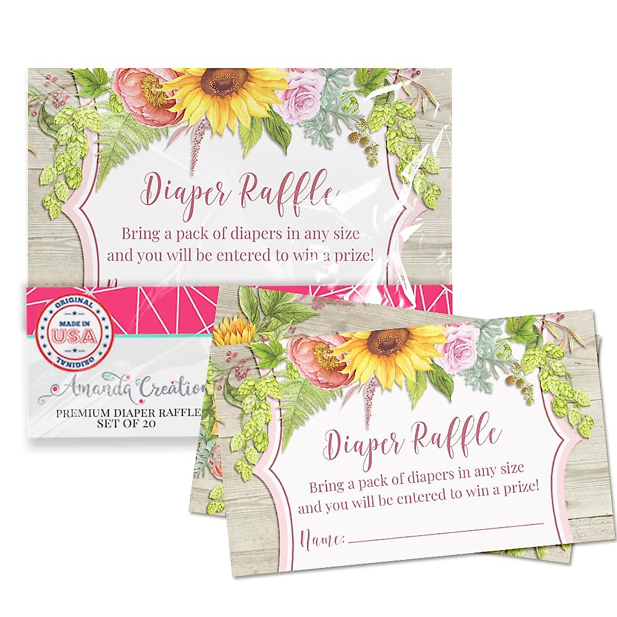 Amanda Creation Watercolor Sunflower, Dahlia, & Peony Floral Diaper Raffle Tickets for Baby Showers, 20 2" X 3” Double Sided Inserts, Bring a Pack of Diapers to Win Favors & Prizes!