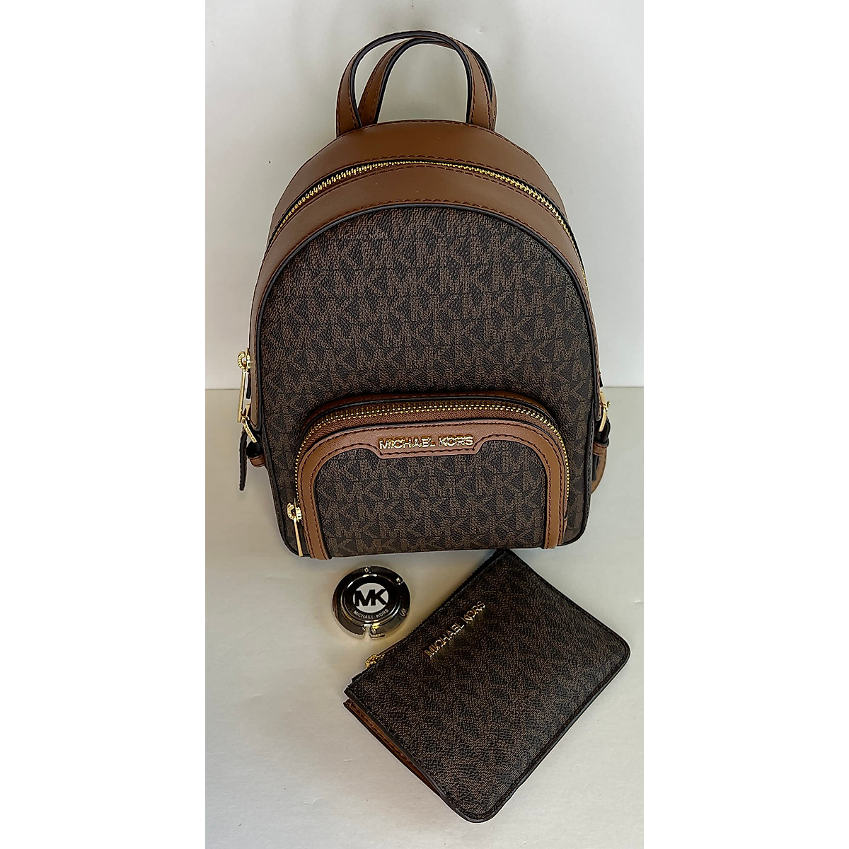 Michael Kors Jaycee XS Convertible Zip Pocket Backpack bundled with SM TZ Coinpouch Wallet Purse Hook (Signature MK Brown)