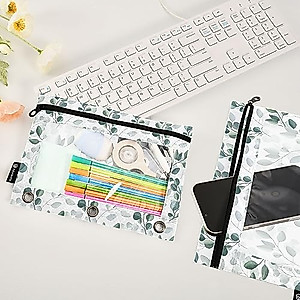 Floral Leaf Pencil Pouch for 3 Ring Binder 2 Pack Binder Pouches with Clear Window Binder Pencil Bag Case with Zipper for Office Supplies