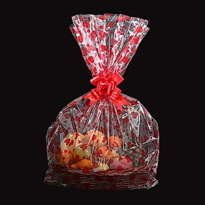 20 Pack Clear Basket Bags Pull Bow Set 10 Pack Packaging Bags Cello Cellophane Wrap and 10 Pack Ribbon Bows … (Red 30 * 44inches)