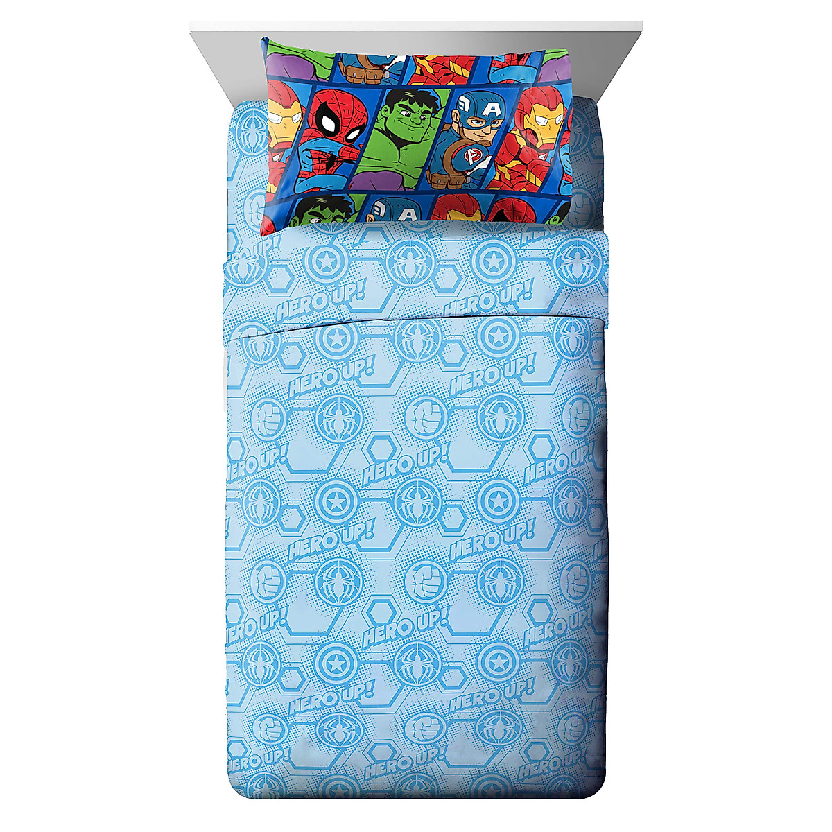 Jay Franco Marvel Super Hero Adventures Hero Together 4Piece Toddler Bed Set Super Soft Microfiber Bed Set Includes Toddler Size Comforter & Sheet Bedding Features The Avengers Official Product