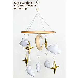 Handmade Baby Mobile for Crib - Modern Boho Baby Mobile - Nursery Mobile for Girl or Boy - White Clouds - Gold Stars - Beige Moon