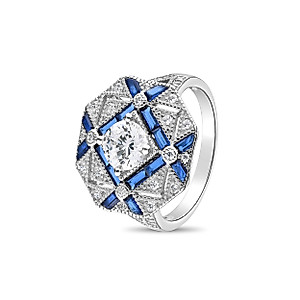 Scienza Resurgence Art Deco Ring for Women – Rhodium Plated Sterling Silver Ring w/Blue Baguette Stones – Blue Spinel & White Cubic Zirconia Ring – Structured Crisscross Geometric Ring