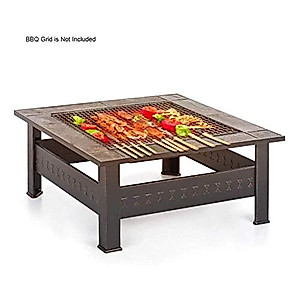 LEAYAN Garden Fire Pit Grill Bowl Grill Barbecue Rack Outdoor Fire Pit with BBQ Grill Shelf,Outdoor Metal Brazier Square Table Firepit Garden Patio Heater with Waterproof Cover