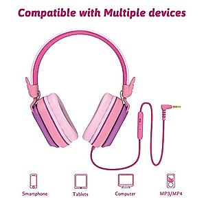 Riwbox Kids Headphones for School with Mic, CS6 Folding Stereo Headphones Over Ear Wired Headset Sharing Function with Mic and Volume Control Compatible for iPad/iPhone/PC/Kindle/Tablet (Pink&Purple)
