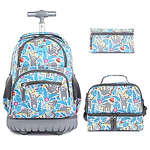 seastig Rolling Backpack 16 inch Wheeled Backpack with Lunch Bag & Pencil Case Roller Backpack Set Carry-on Bag School Travel