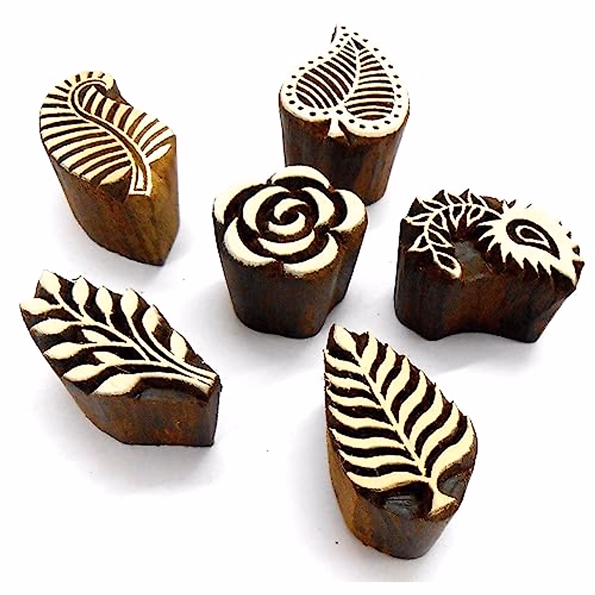 Crafts of India Flowers and Leaf Wooden Blocks Stamps for Printing on Textiles, Pottery Crafts,Henna, Scrapbooking (Set of 6)
