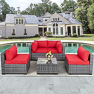 JAMFLY 5 Pieces Patio Furniture Sets, Wicker Outdoor Sectional Furniture with Glass Table and Cushions, Rattan Patio Conversation Sets for Garden, Poolside, Backyard (Red)